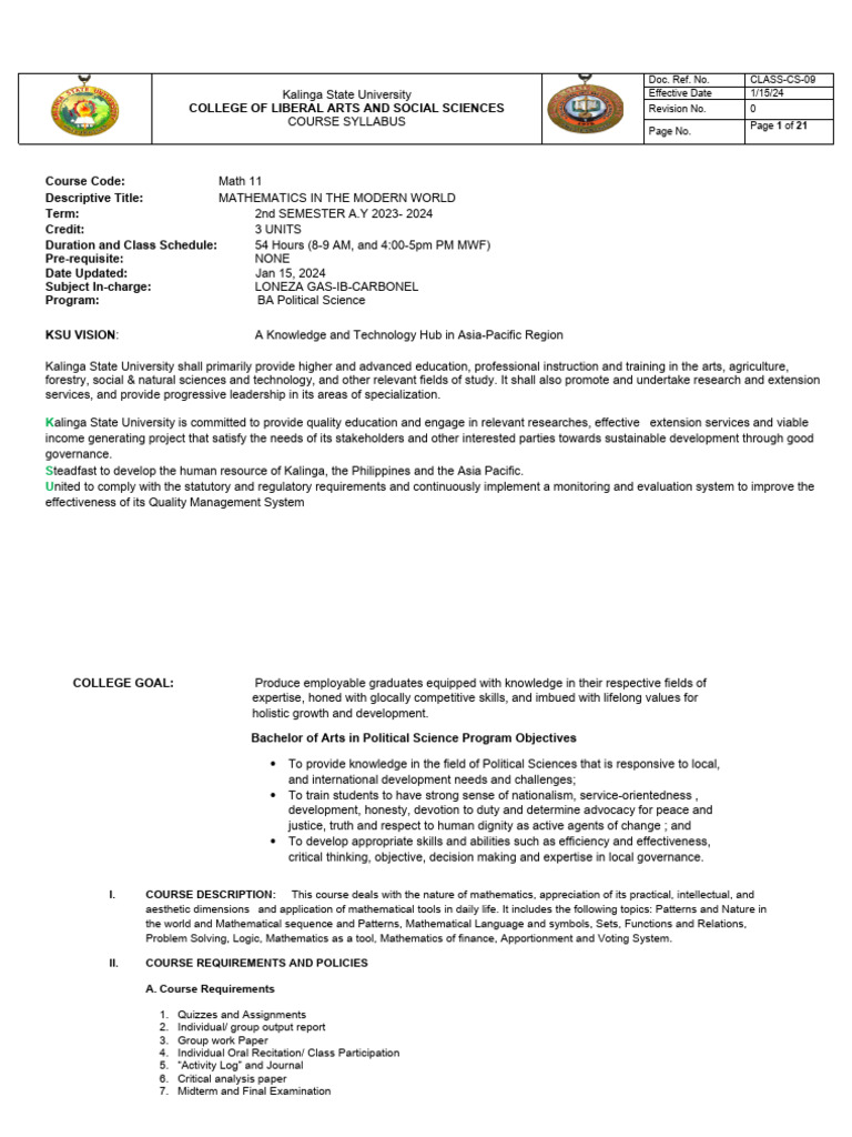 MMW Syllabus Final BAPOS | PDF | Mathematics | Logic