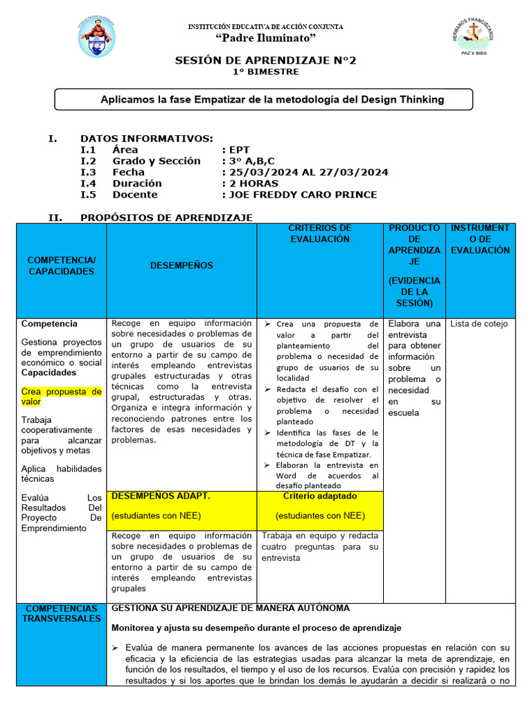 Sesion 2 de Ept 3° Fase Empatizar (Design Thinking) | PDF | Aprendizaje | Evaluación