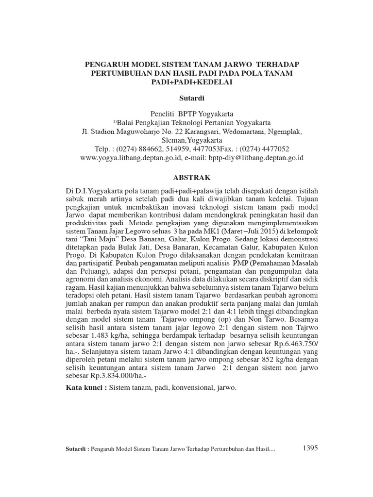 Pengaruh Model Sistem Tanam Jarwo Terhadap Pertumbuhan Dan Hasil Padi Pada Pola Tanam Padi+Padi ...