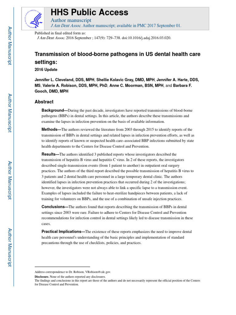 HHS Public Access: Transmission of Blood-Borne Pathogens in US Dental ...
