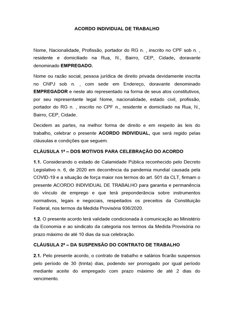 Acordo Individual de Trabalho para Suspensão Nos Termos Da MP 936 | PDF ...