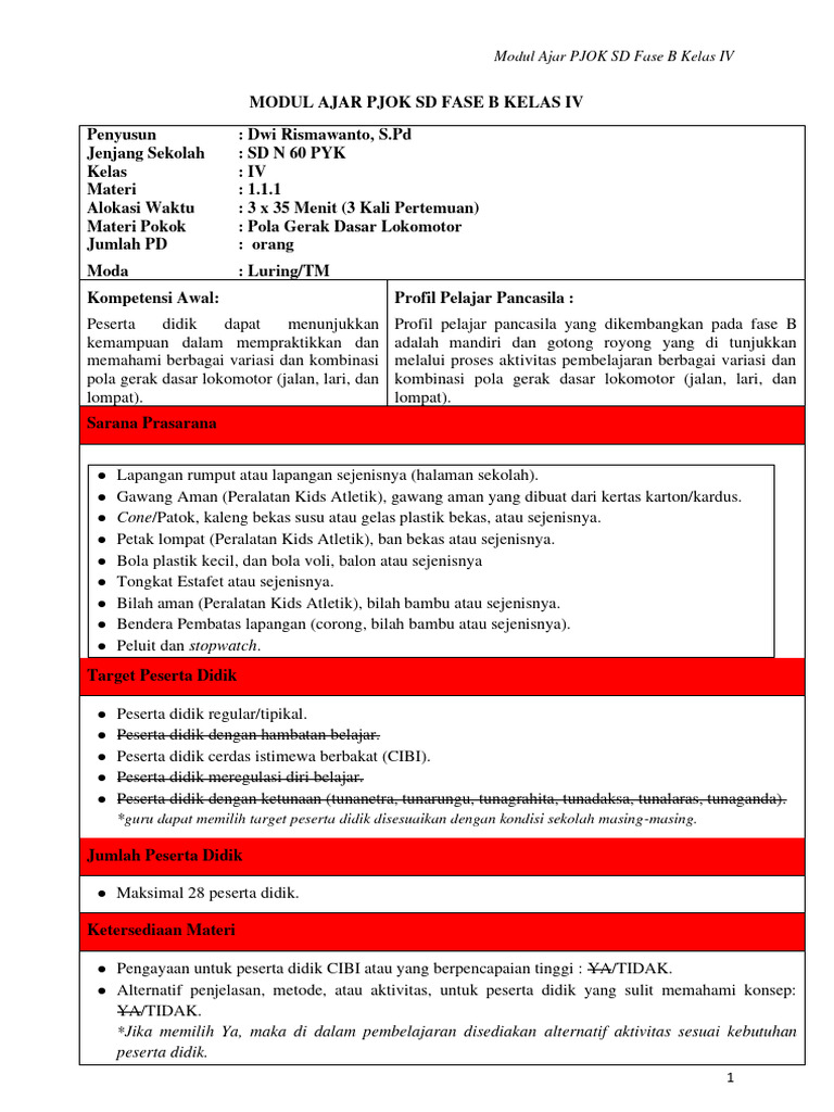 PJOK - SD - Pola Gerak Dasar Lokomotor - Fase B - Kelas 4 - Semester 1 (Repaired) | PDF