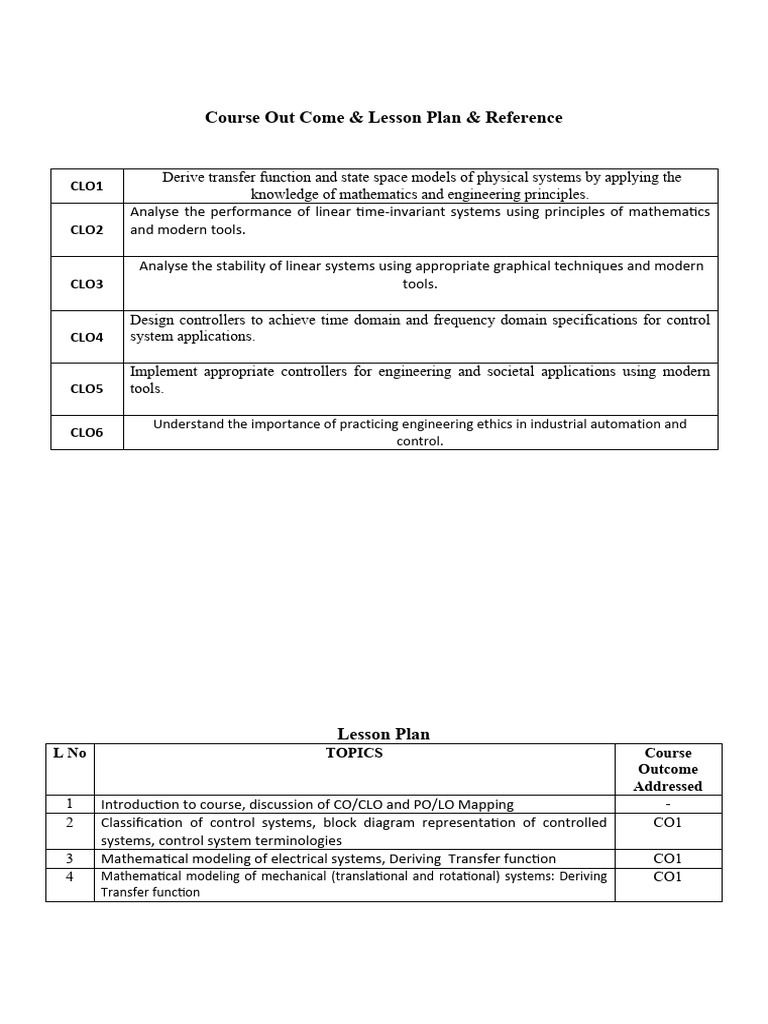LCT Lesson Plan-1 | PDF | Control Theory | System