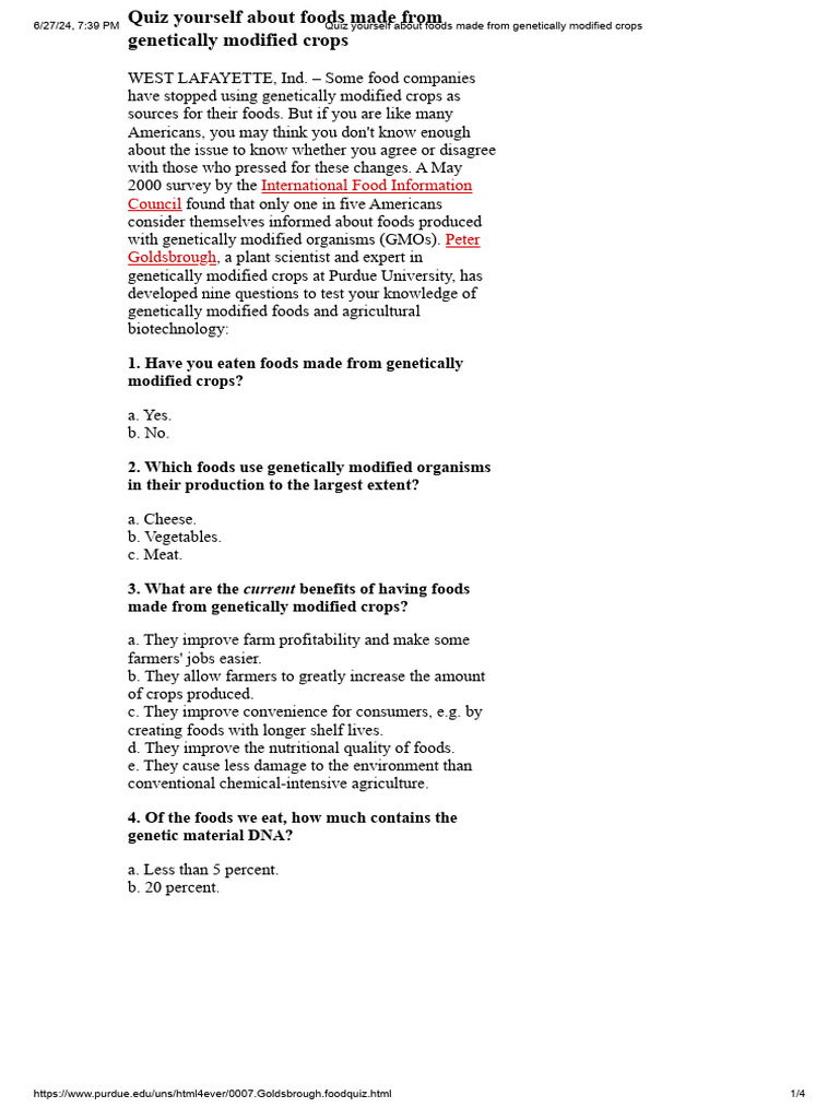 Test Your GMO Food Knowledge Quiz | PDF | Genetic Engineering ...