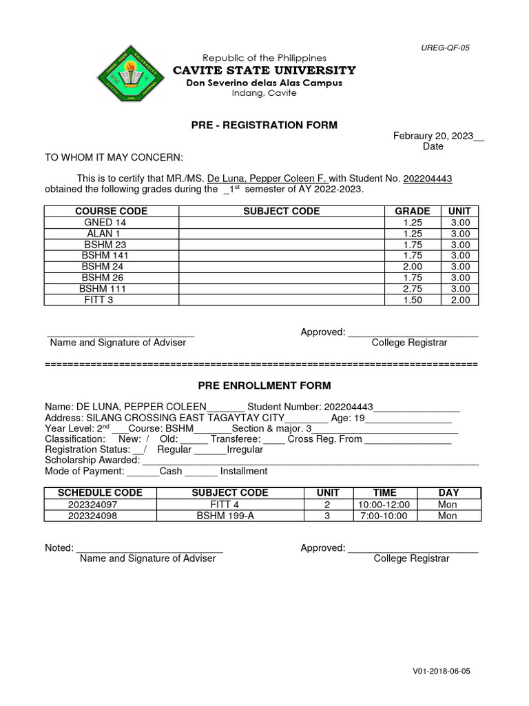 De Luna_Pre-Registration Form | PDF