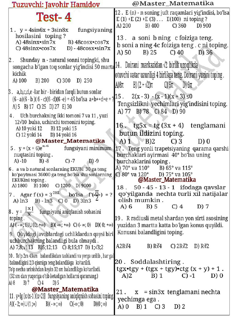 Matematikadan Test.@master - Matematika | PDF