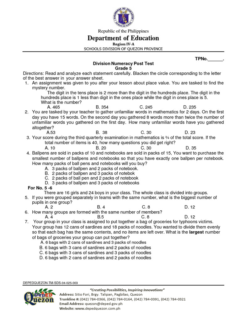 Grade 5 Numeracy Test - Quezon 2024 | PDF