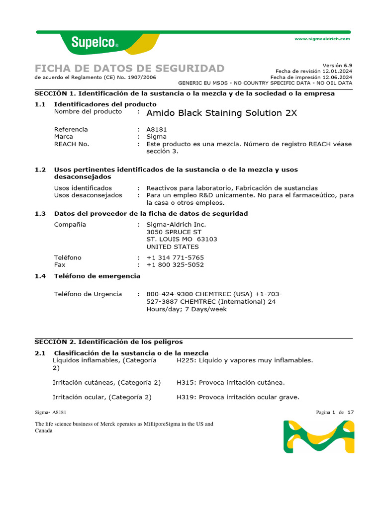 MSDS Amido Black Staining Solution 2X | PDF