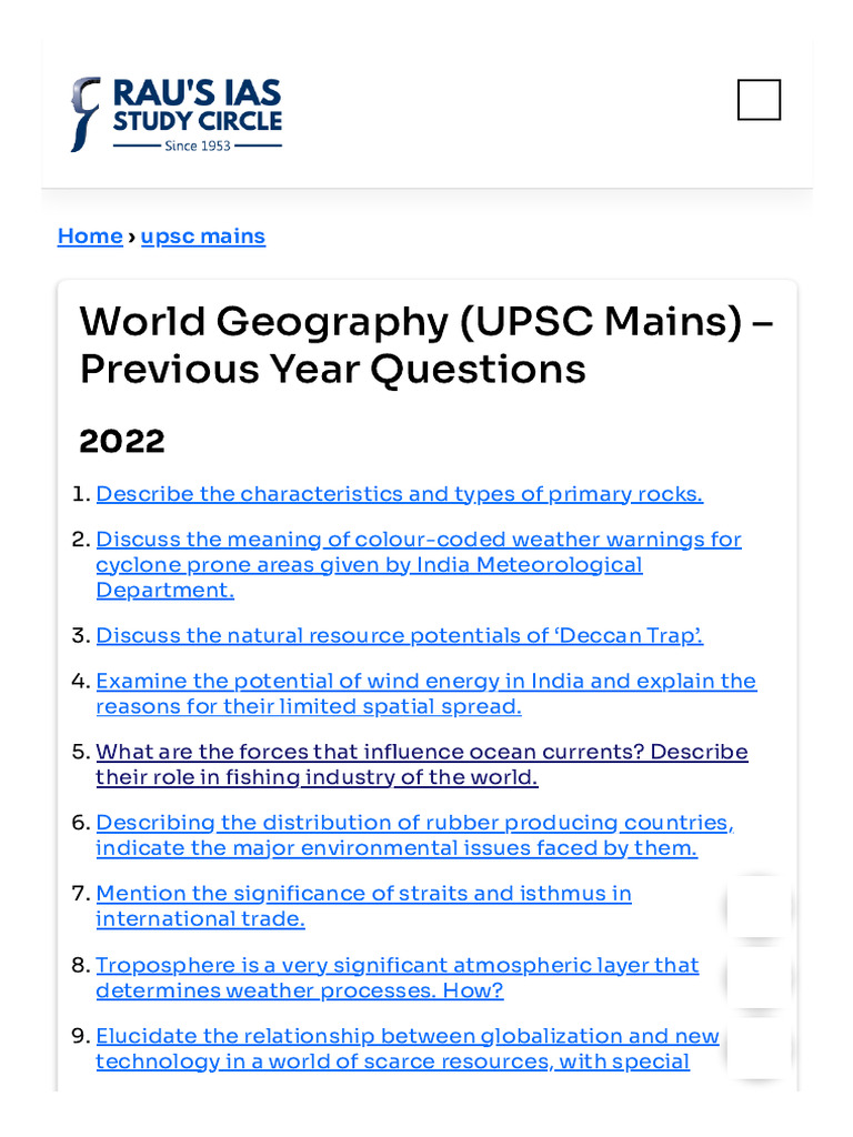World Geography (UPSC Mains) - Previous Year Questions - Rau's IAS | PDF | Himalayas | Water