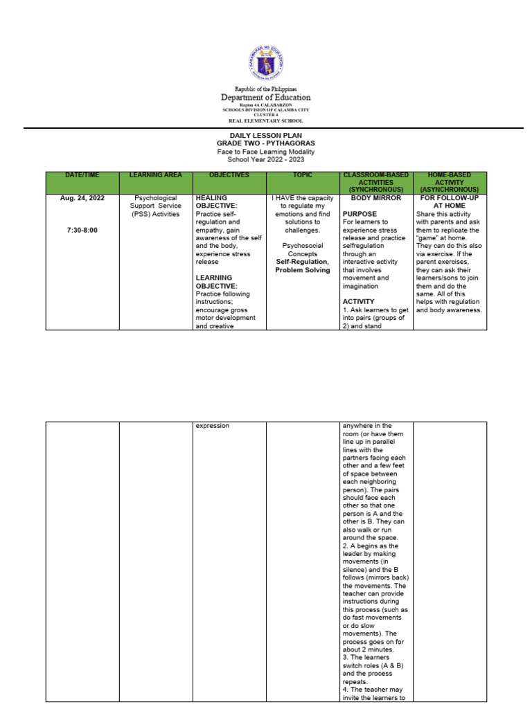 Grade 2 Daily Lesson Plan: PSS Activities | PDF | Learning | Emotional ...