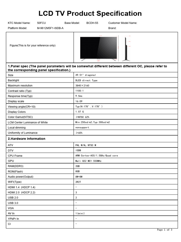 KTC 50fcu M 9612m5f1 Isdb A TV Spec 1 | PDF | Backlight | Hdmi