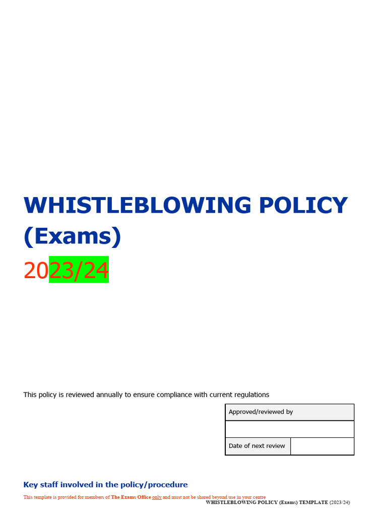 23-24 WHISTLEBLOWING POLICY (Exams) TEMPLATE | PDF | Policy | Justice