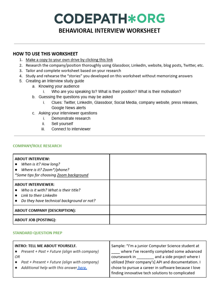 Behavioral Interview Worksheet | PDF | Experience | Motivation