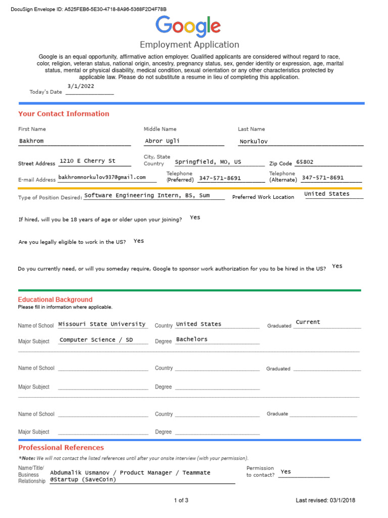 Google Employment Application 2021 | PDF | Confidentiality | Employment