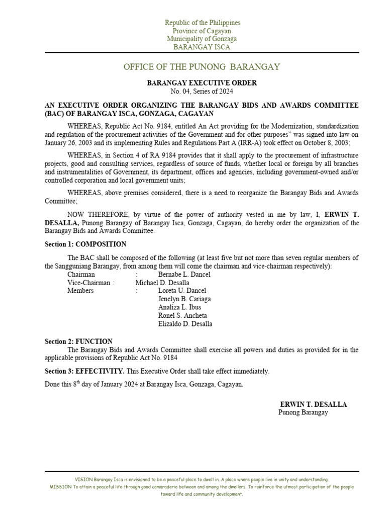 Barangay Isca BAC Executive Order 2024 | PDF | Government | Legal Documents