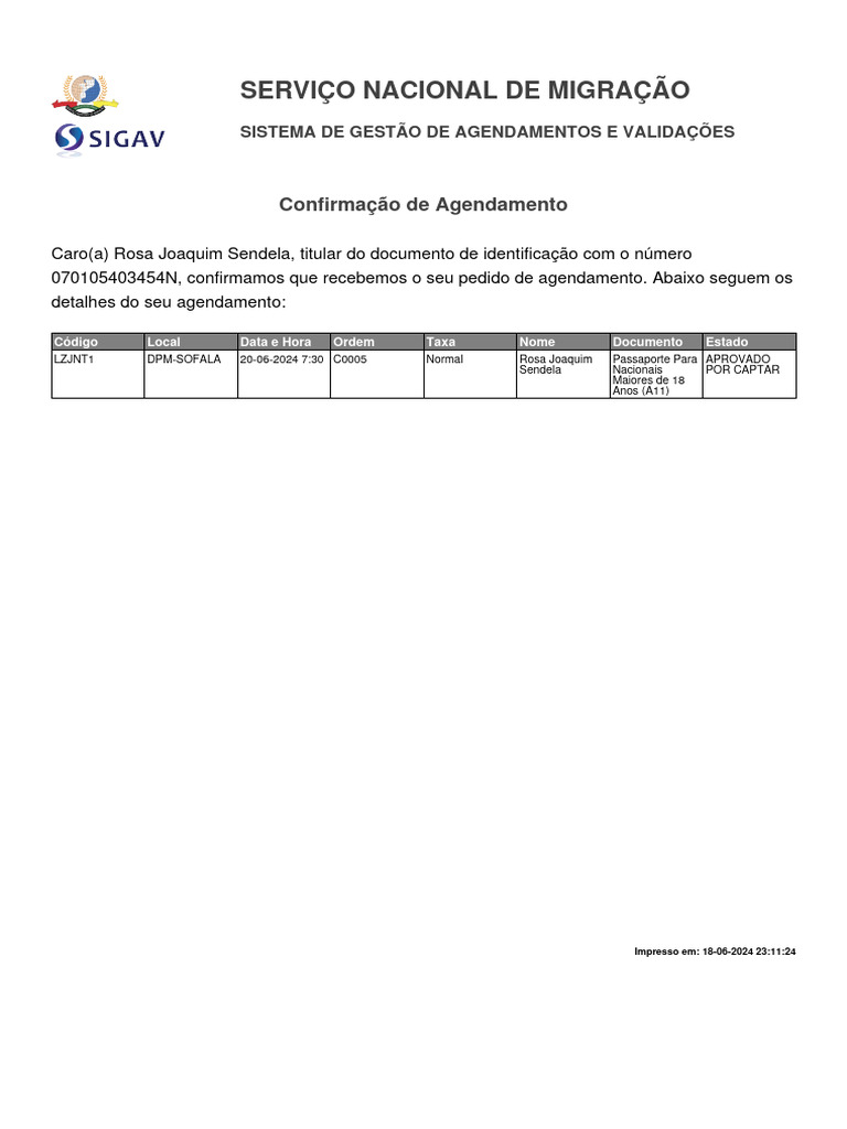 Confirmação de Agendamento - SIGAV | PDF