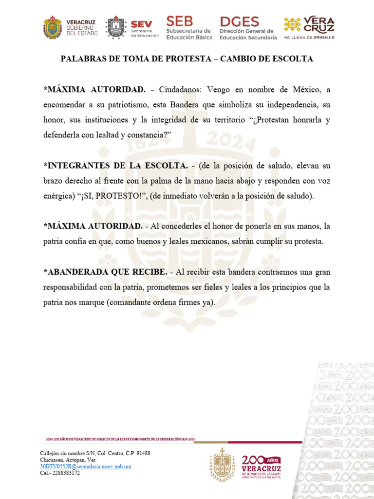 Palabras de Toma de Protesta - Cambio de Escolta | PDF