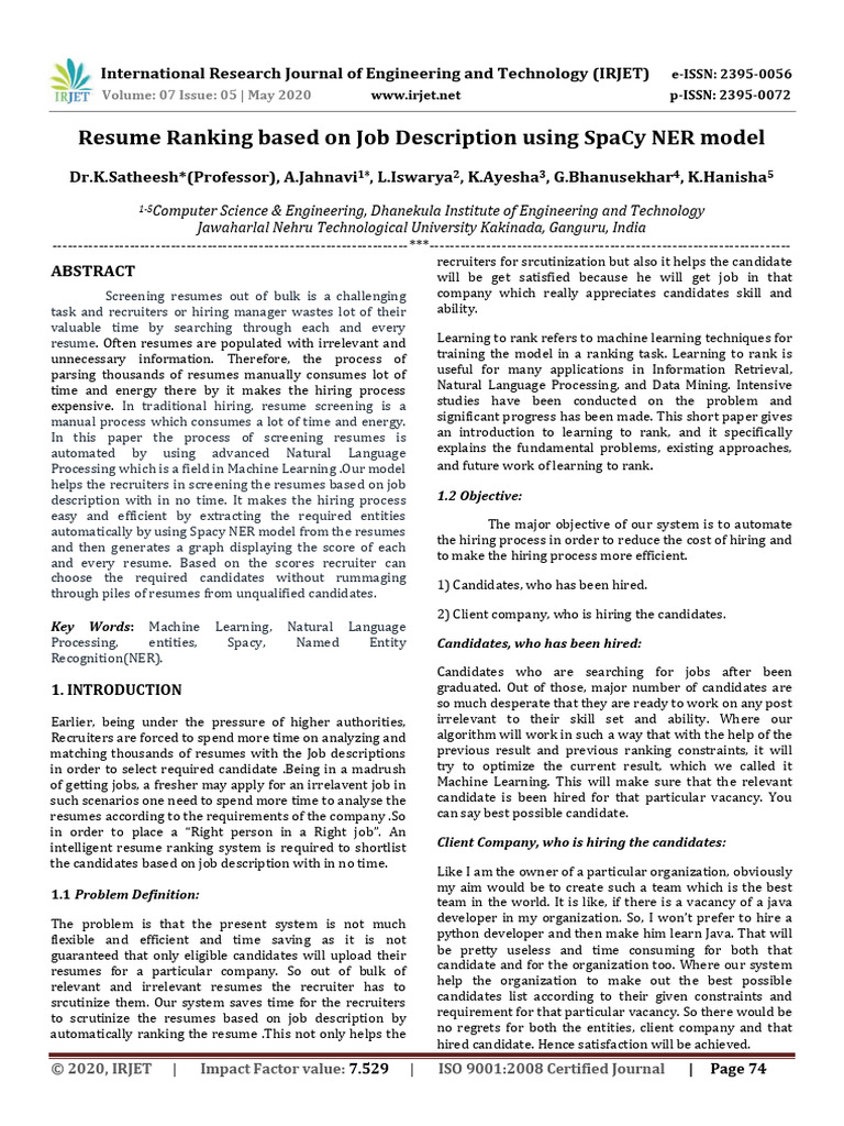 Reserach Paper No 2 IRJET Resume Ranking Based On Job Descri | PDF ...