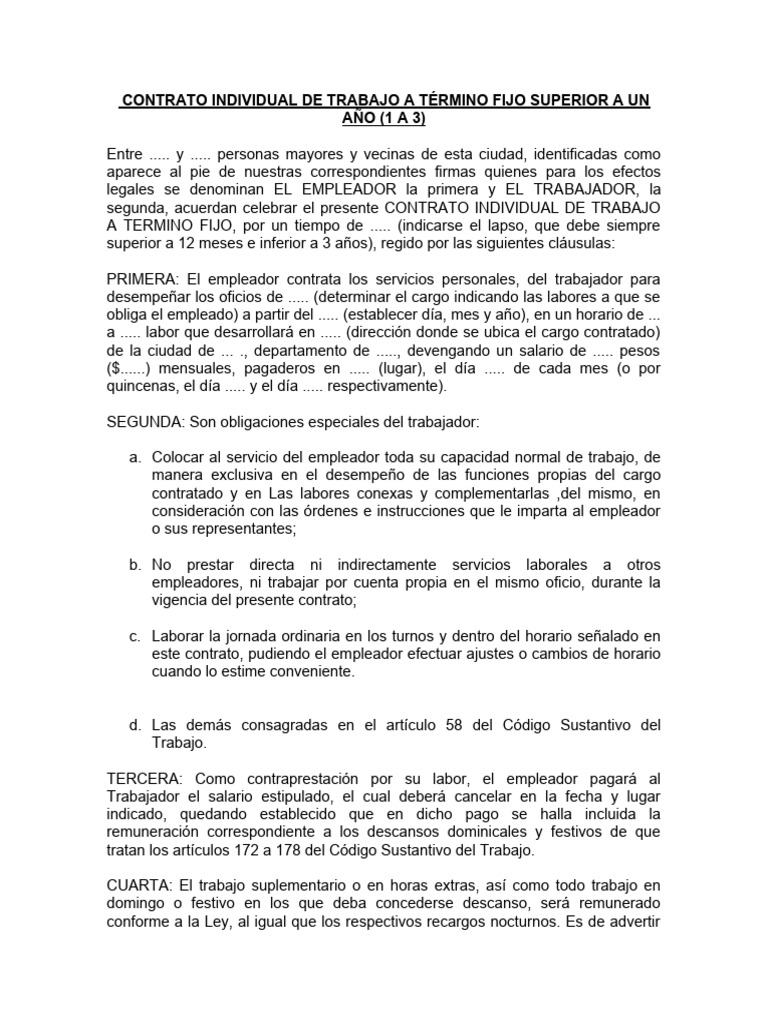 CONTRATO INDIVIDUAL DE TRABAJO A TÉRMINO FIJO SUPERIOR A UN AÑO | Descargar gratis PDF | Derecho ...