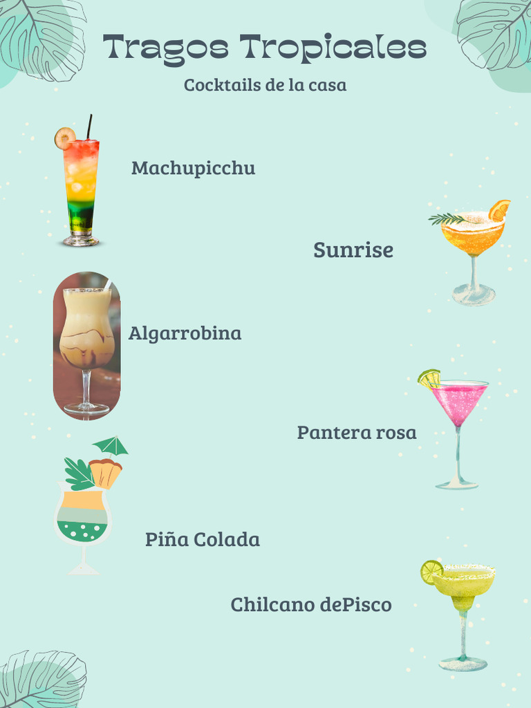 Menú Documento A4 Carta de Tragos Coctelería Tropical Restaurante Bar ...