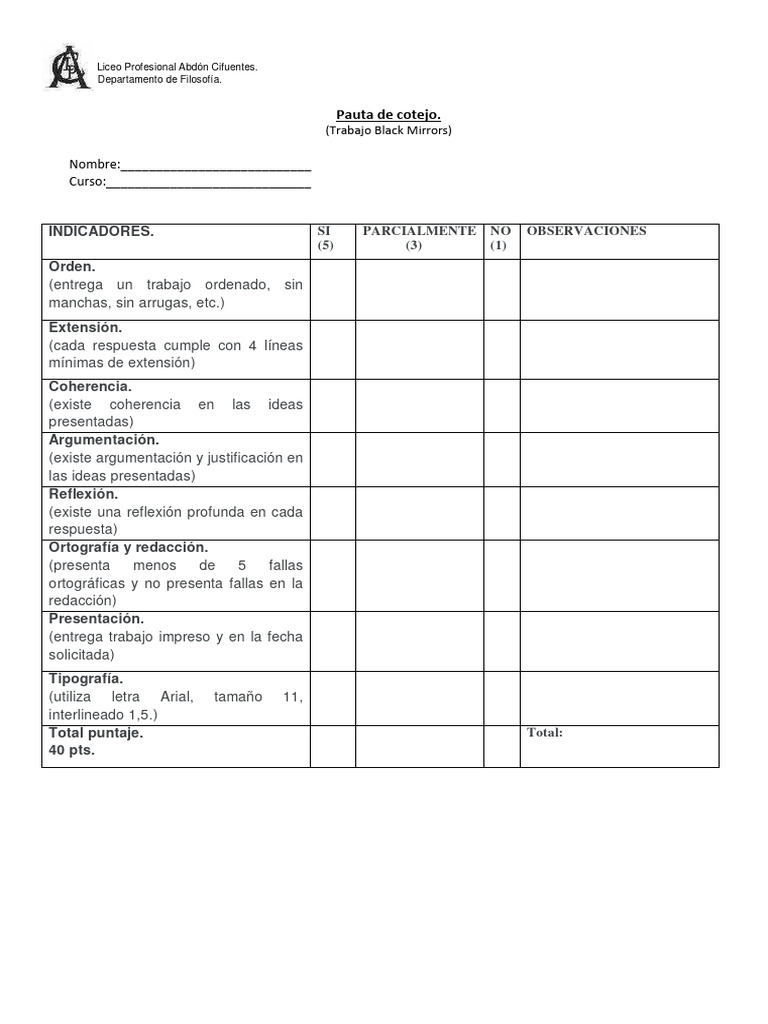 Pauta de Cotejo para Trabajo Black Mirrors | PDF
