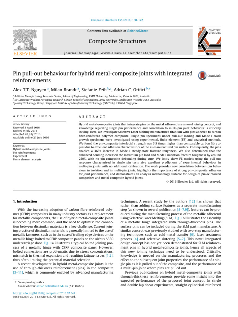 Pin Pull-Out Behaviour For Hybrid Metal-Composite Joints With ...