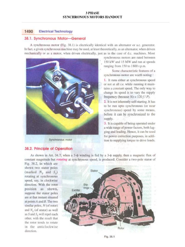 3 Phase Synch Motor Handout | PDF | Electrodynamics | Power Engineering