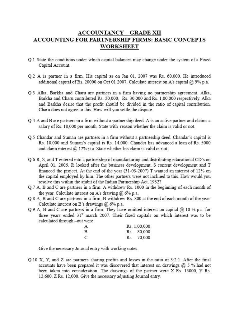 Grade XII Partnership Accounting Worksheet | PDF | Partnership | Interest