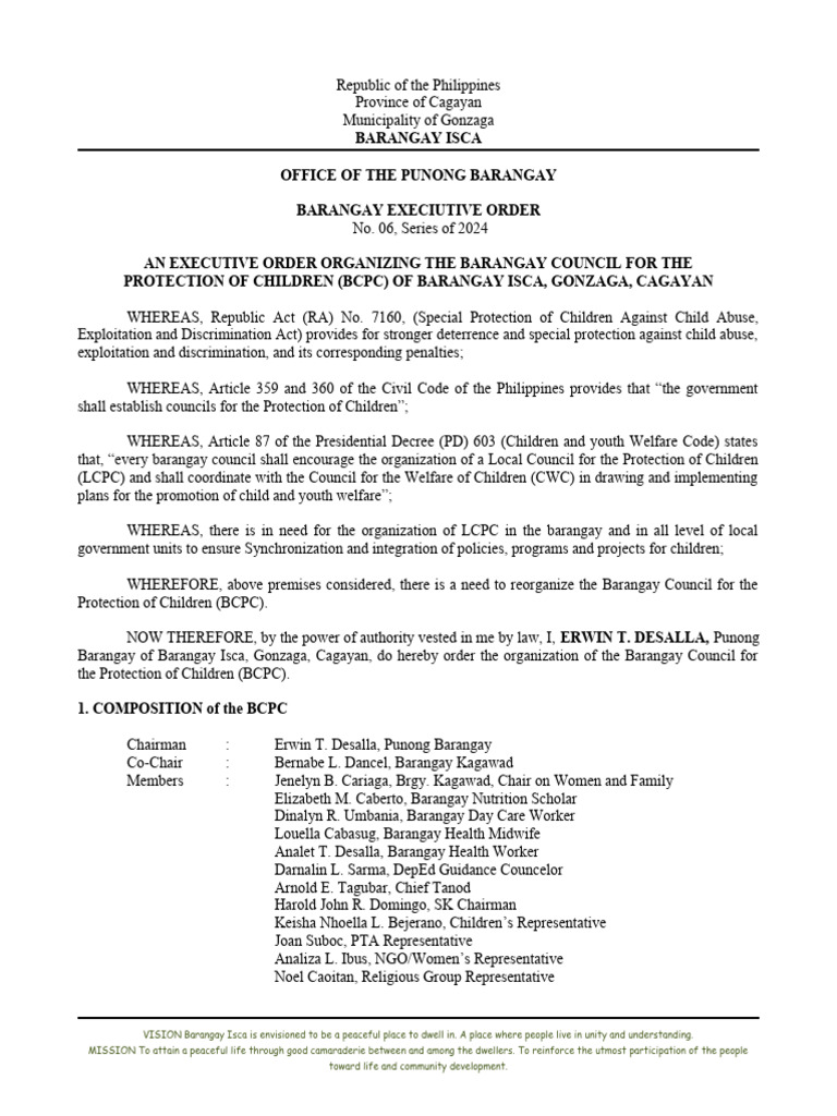 BCPC Organization Executive Order 2024 | PDF | Youth | Human Life Stages