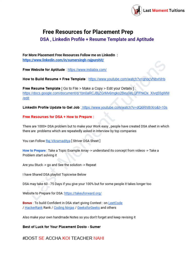Free Resources for Placement Preparation | PDF