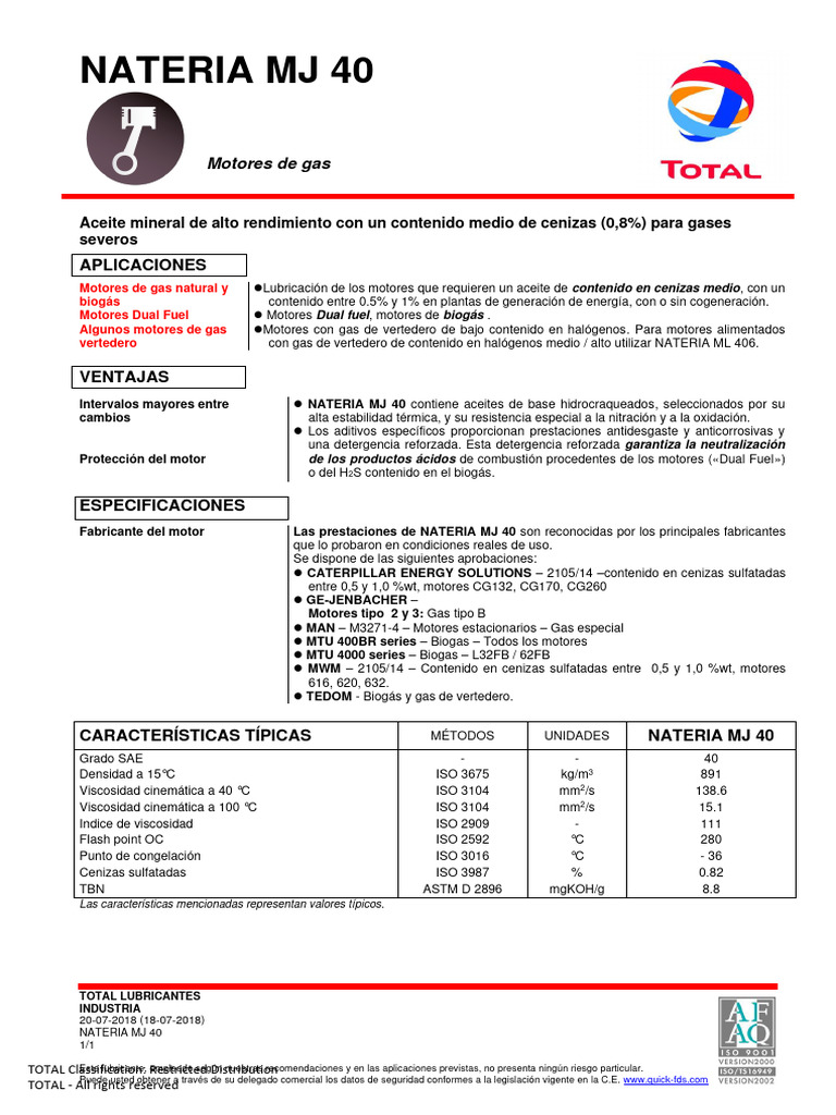 TDS Total Nateria MJ 40 Esp | PDF | Biogás | Sustancias químicas