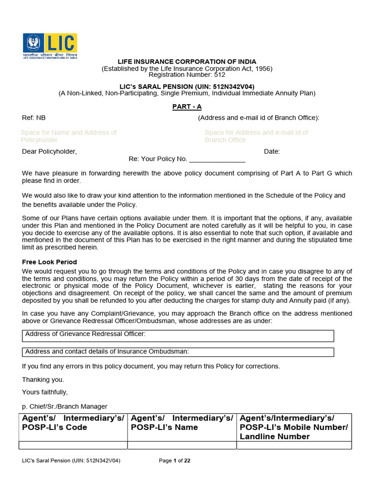 Policy Doc LIC S Saral Pension V04 With Logo | PDF | Insurance | Life ...