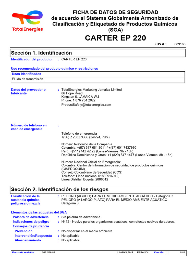 Carter Ep 220 MSDS Hoja Seguridad | PDF | Agua | Química