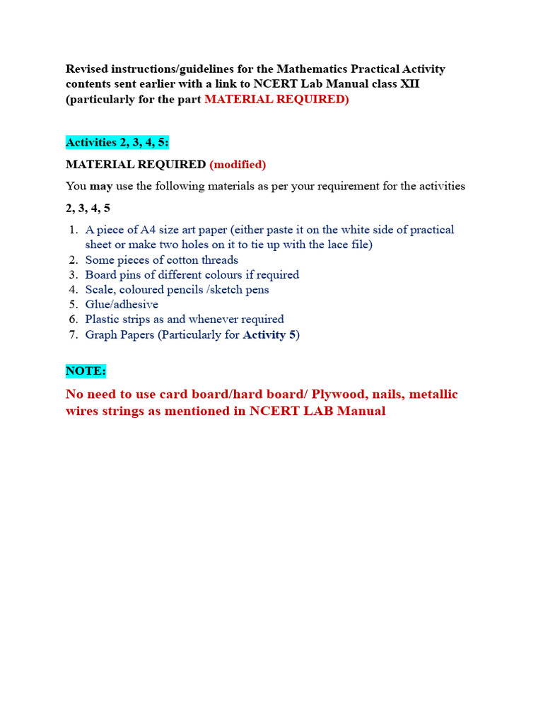 Revised Instructions Maths Activity XII | PDF