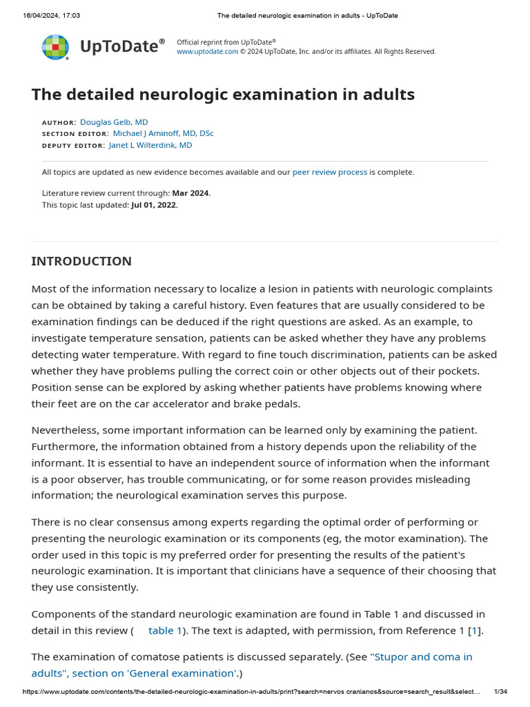 The Detailed Neurologic Examination in Adults - UpToDate | PDF ...