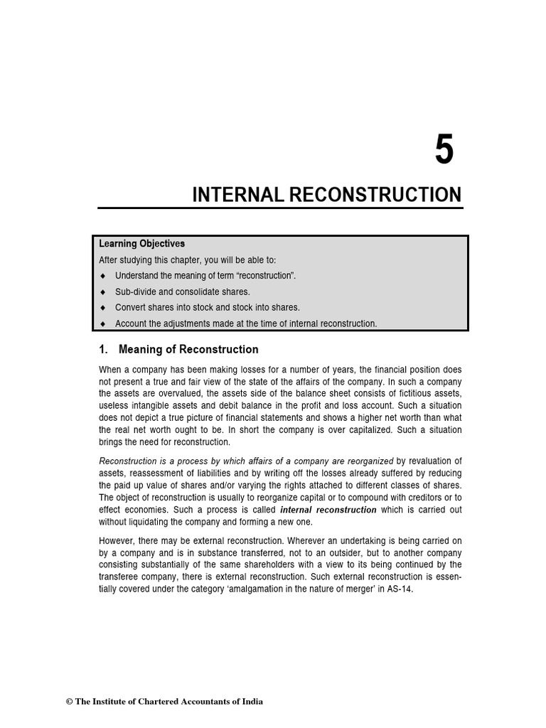 5 Internal Reconstruction Learning Objec | PDF | Equity (Finance) | Debits And Credits