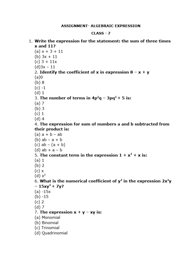 Assignment - Algebraic Expressions Class 7 | PDF | Factorization | Numerical Analysis