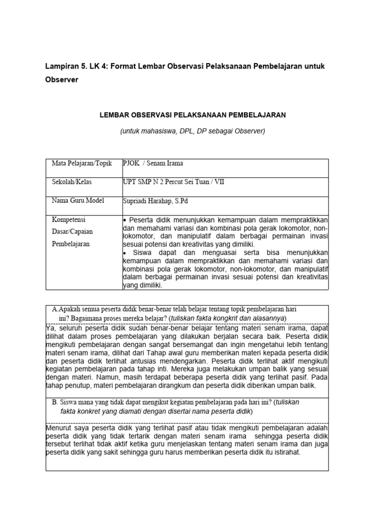 01.05.6-B4-5 Unggah LK 4 - Lembar Observasi pembelajaran observer - Siklus 1 | PDF