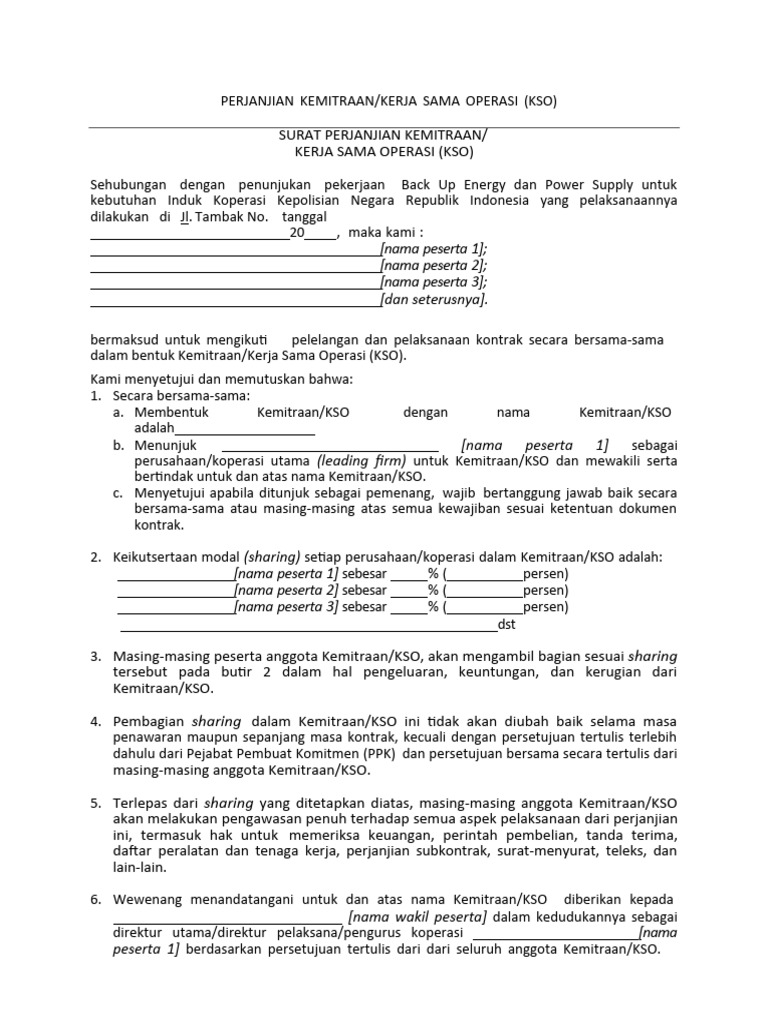 Perjanjian Kerja Sama Operasi KSO | PDF | Pengelolaan Keuangan & Uang