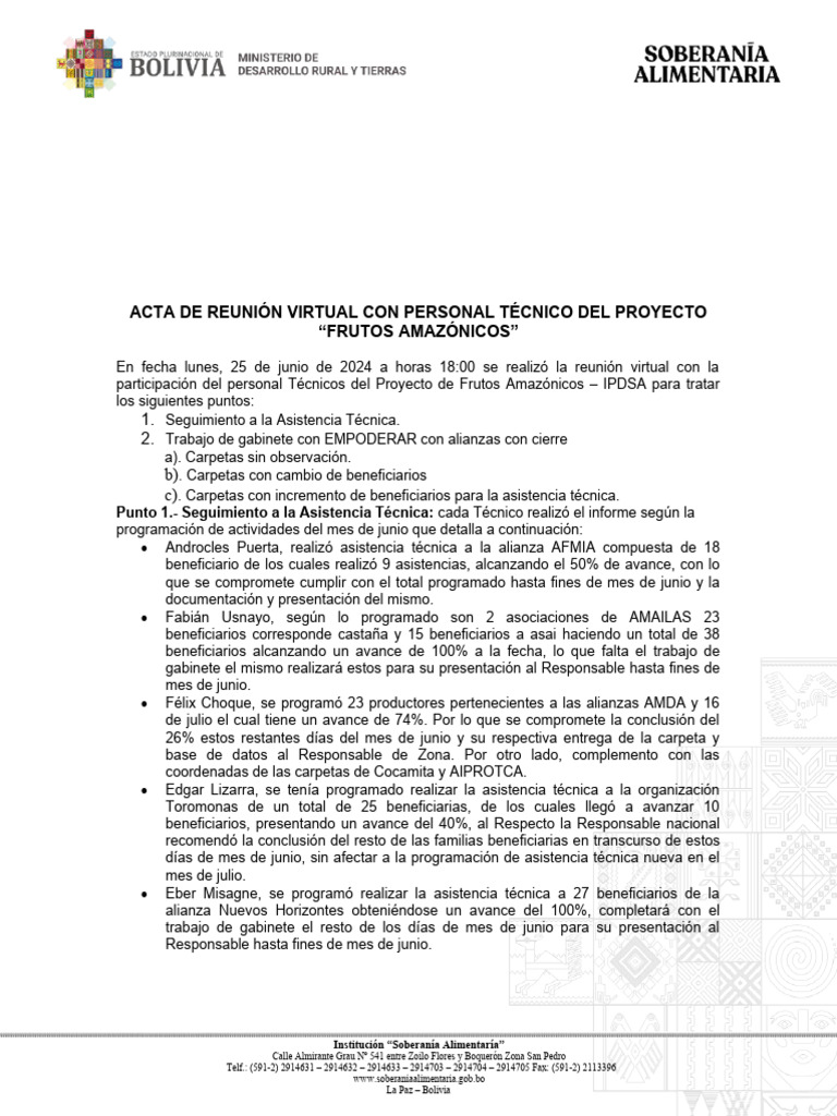 Acta de Reunion Con Tecnicos de Frutos Amazonicos 25 de Junio 2024 | PDF