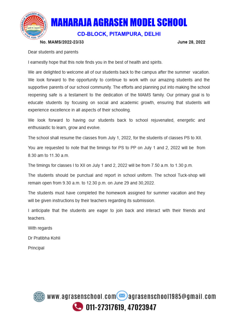 MAMS School Reopening Announcement | PDF