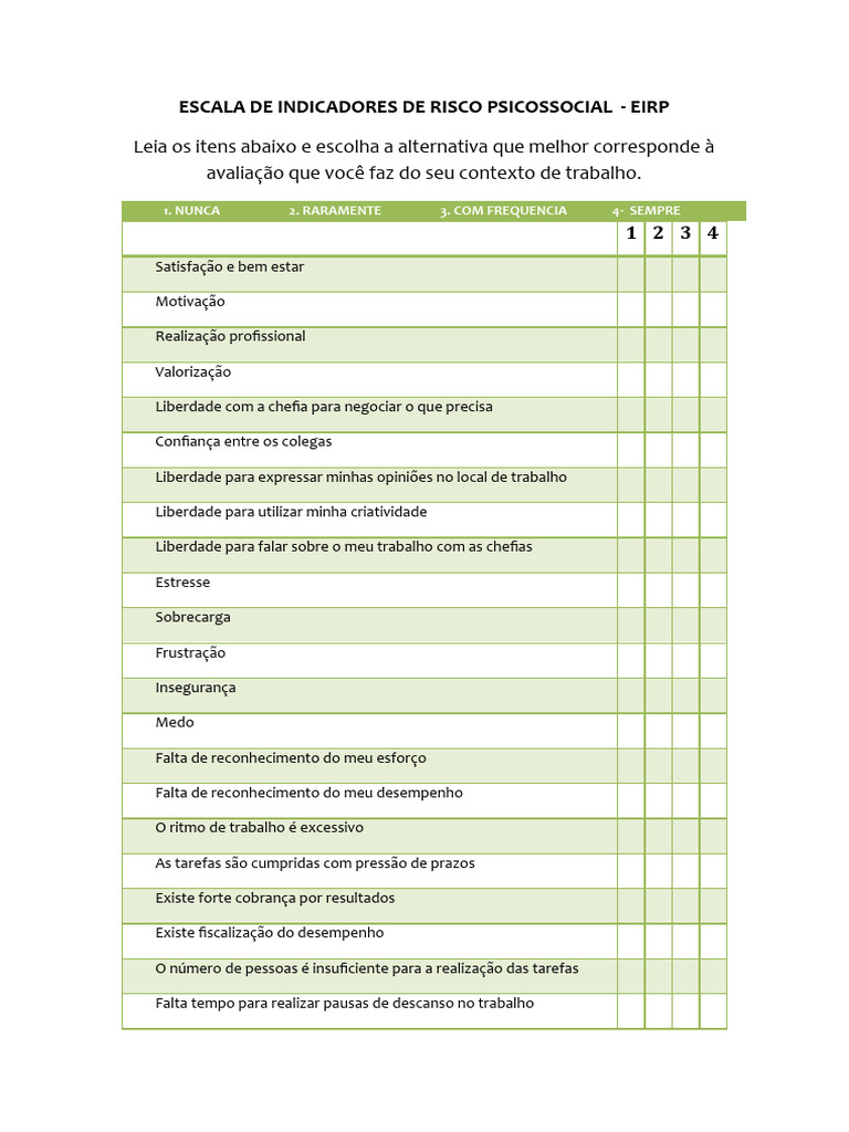 Escala de Indicadores de Risco Psicossocial No Trabalho | PDF ... Escala de Indicadores de Risco Psicossocial No Trabalho | PDF ...