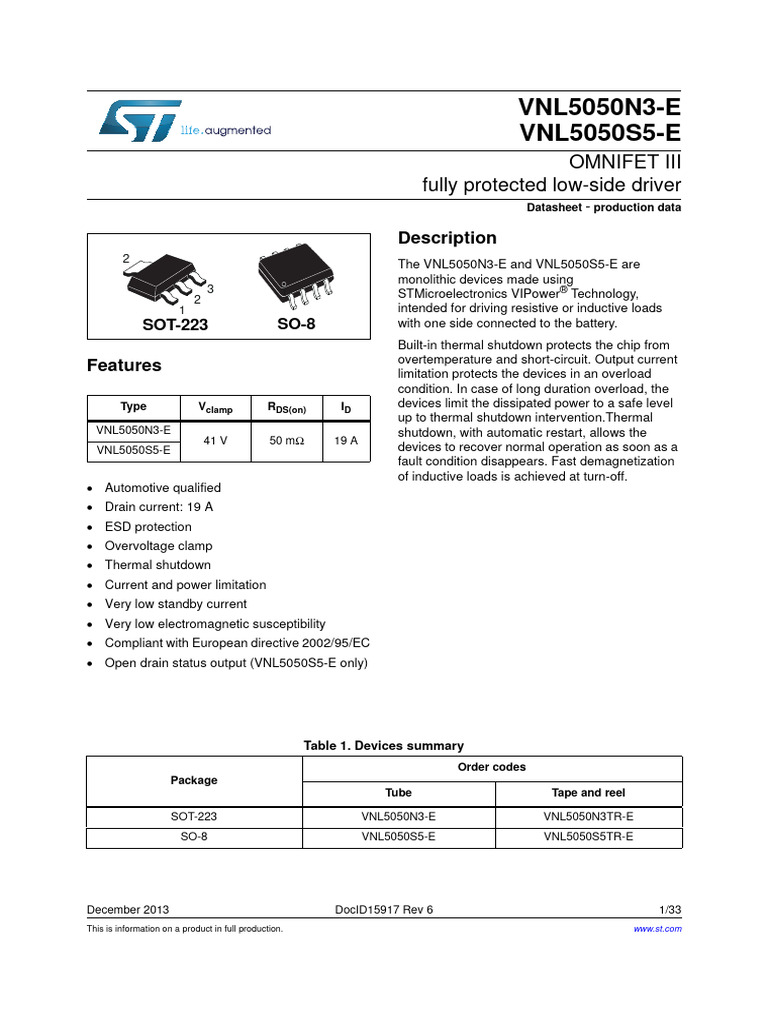 vnl5050n3 e | PDF | Field Effect Transistor | Manufactured Goods