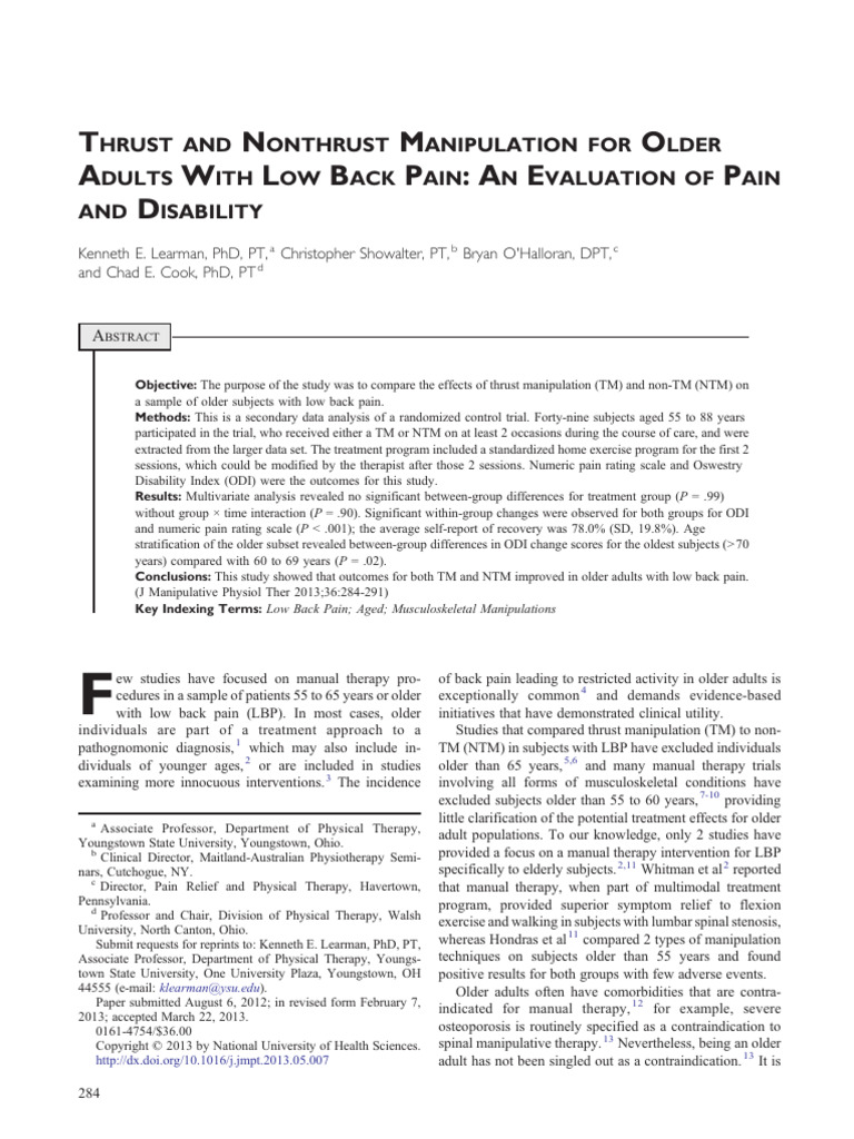 Thrust and Nonthrust Manipulation for Older Adults With Low Back Pain ...