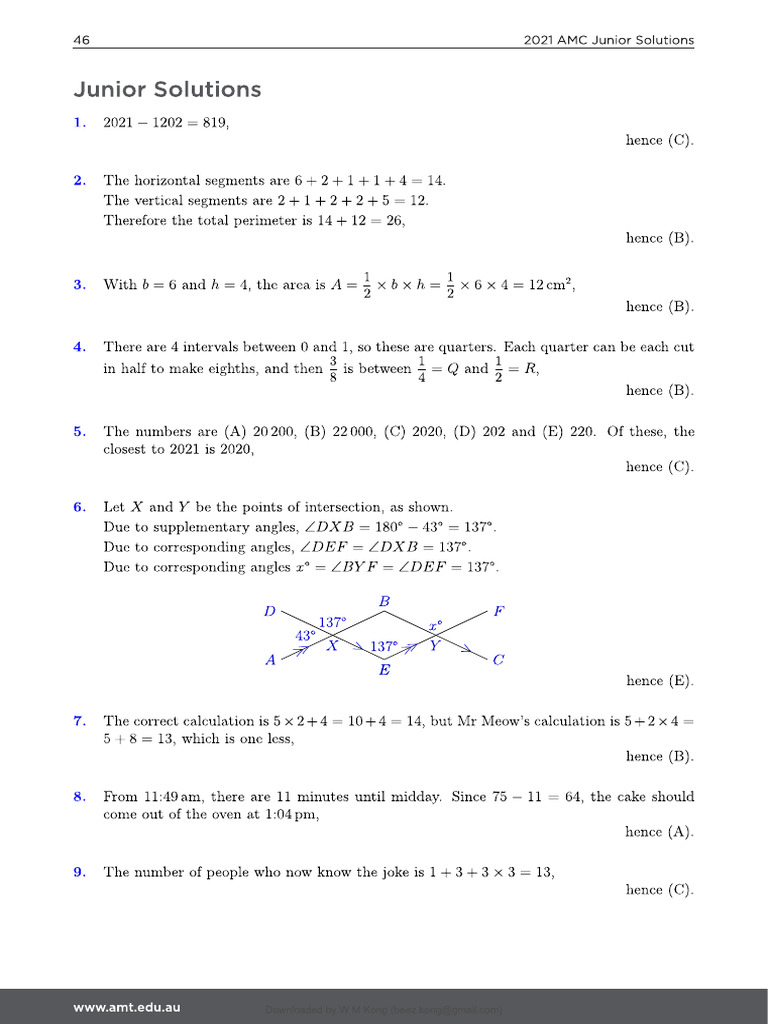 2021 Australian Mathematics Competition AMC Juniors Years 7 and 8 MS | PDF