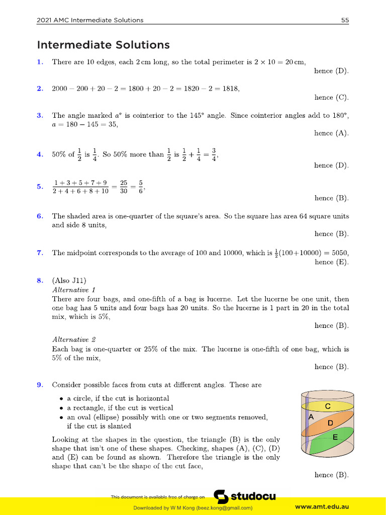 2021 Australian Mathematics Competition AMC Intermediate Years 9 and 10 ...