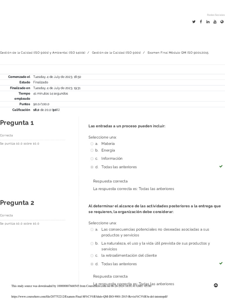 Examen Final M Dulo QM ISO 9001 2015 Revisi N Del Intento PDF | PDF | Calidad (comercial ...