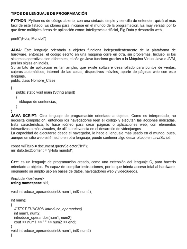 Tipos de Lenguaje de Programación | PDF | Lenguaje de programación ...