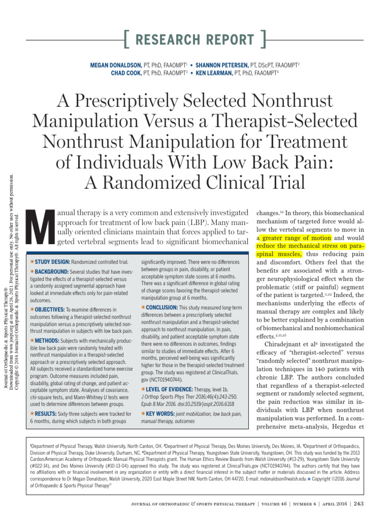 A Prescriptively Selected Non-Thrust Manipulation Versus A Therapist ...
