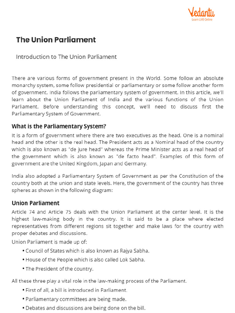 The Union Parliament | PDF